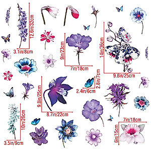 25 Pieces Purple Cluster Flowers Wall Decals Morning Glory Wall Stickers Peony Wall Decal Lotus Wall Sticker DIY Removable Butterfly Decor for TV Background Girls Bedroom Nursery Classroom Living Room