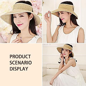 Sun Hat Womens, Summer Beach Visor Hats,Straw Hats Roll-Up Wide Brim Ponytail Hats UV UP Packable Foldable for Traval, Khaki