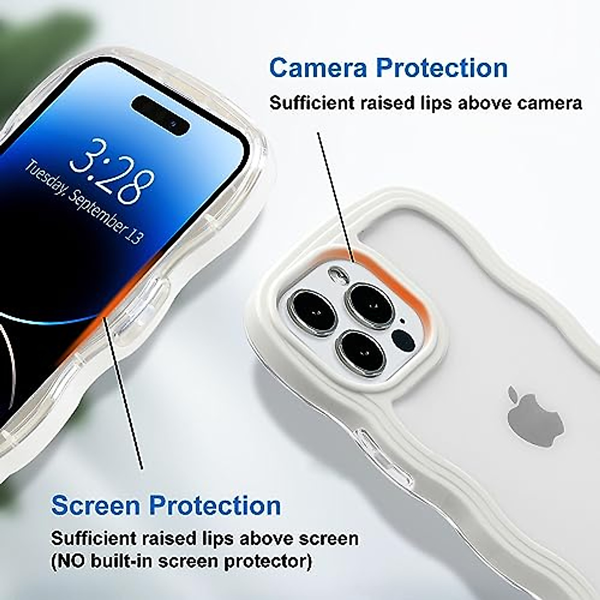 Anuck for iPhone 14 Pro Case Wavy Edge Clear Back Design, Anti-Slip Grip Cute Wave Curly Frame Shape Shockproof Soft TPU & Hard Bumper Protective Phone Case Cover for Women Girls, White