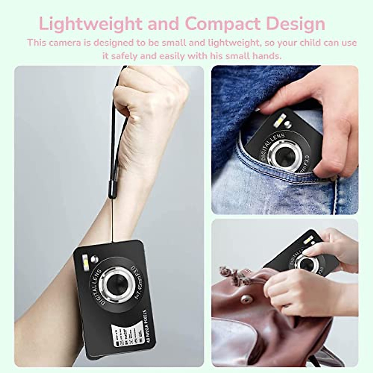 Digital Camera for Teens, 2.7K Ultra HD 48MP Point and Shoot Camera, 2.7in LCD Rechargeable Students Compact Camera with 16X Digital Zoom, Mini Vlogging Cameras for Kids Beginners