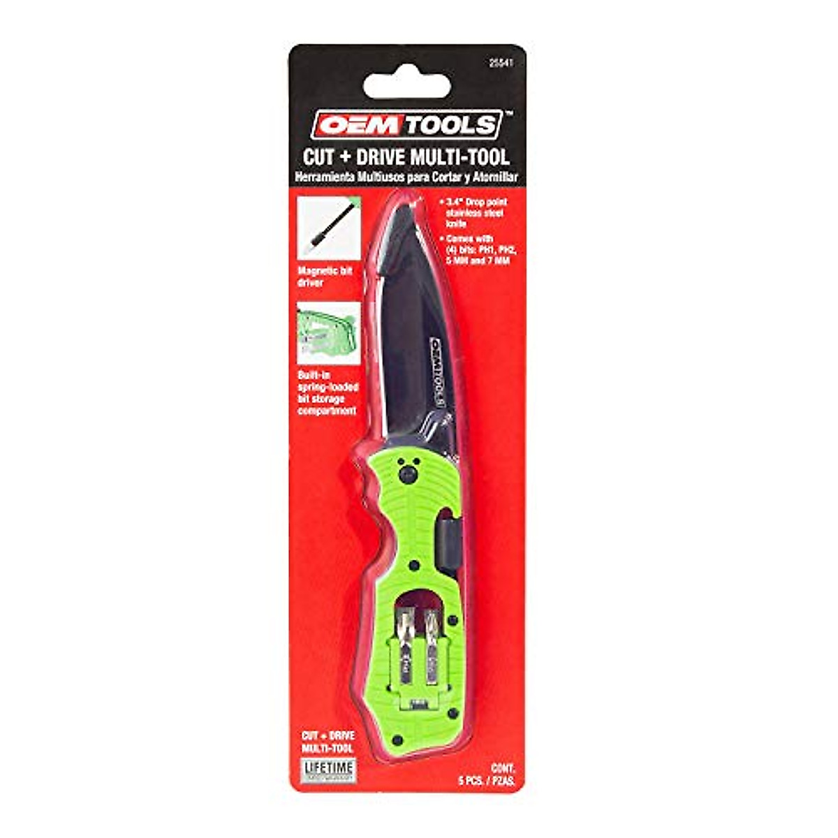 OEMTOOLS 25541 Cut and Drive Multi Tool, Drop Point Knife, Screwdriver, Bit Set, Ruler, and Bottle Opener, EDC, Contractor, HVAC Tool, Green and Black