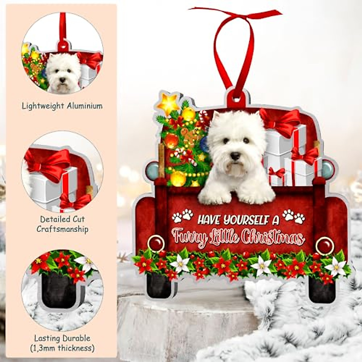 West Highland White Terrier Dog Ornaments Christmas Tree, Westie Dog Red Truck Car Aluminum Ornament (NOT 3D), Christmas Decoration 2023 for Westie Dog Lovers, Dog Mom, Dog Dad, Pet Lovers