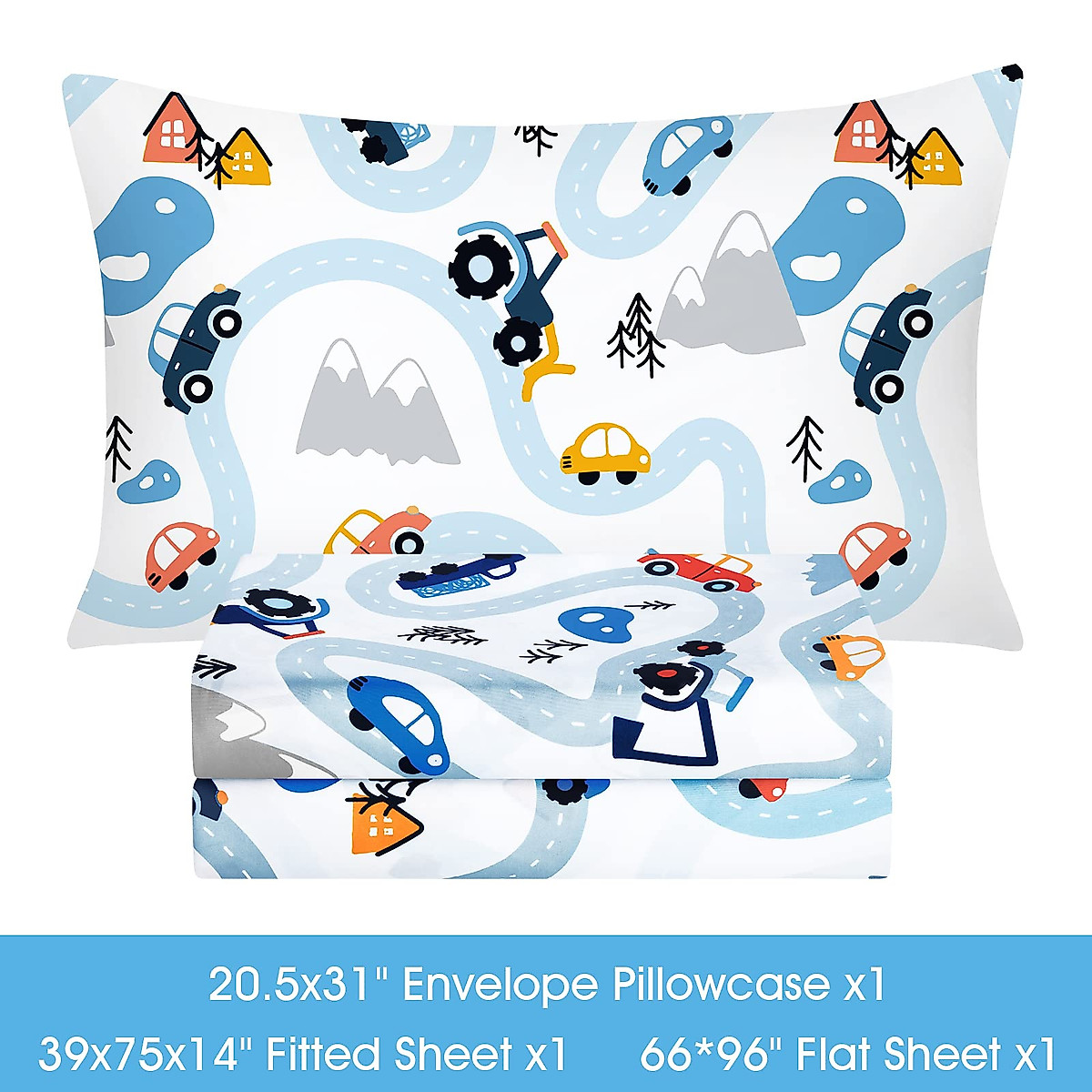 BYSURE Twin Sheets Set Kids(Car Trace, Blue), 3 Pieces Easy Fit Deep Pocket Sheets Set, Breathable Wrinkle-Free Microfiber Bedding for Children