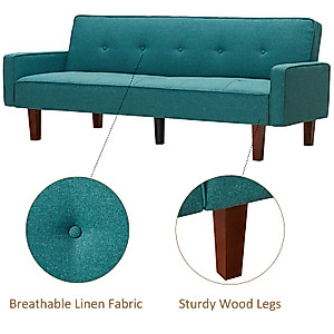 Olela Sofa Bed Convertible Sofa Couch Futon Sleeper Linen Fabric Reclining Sofa with Armrest Wood Legs for Living Room Furniture (Green)