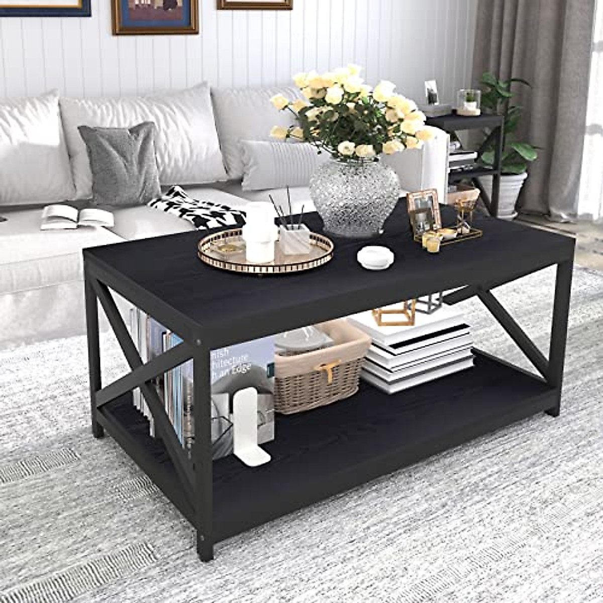 Bigbiglife Living Room Table Set of 3, Industrial X-Design Coffee Table with 2 End Side Tables, Modern 3 Pieces Coffee Table Set with Metal Frame for Apartment Home Office, Easy to Assemble, Black