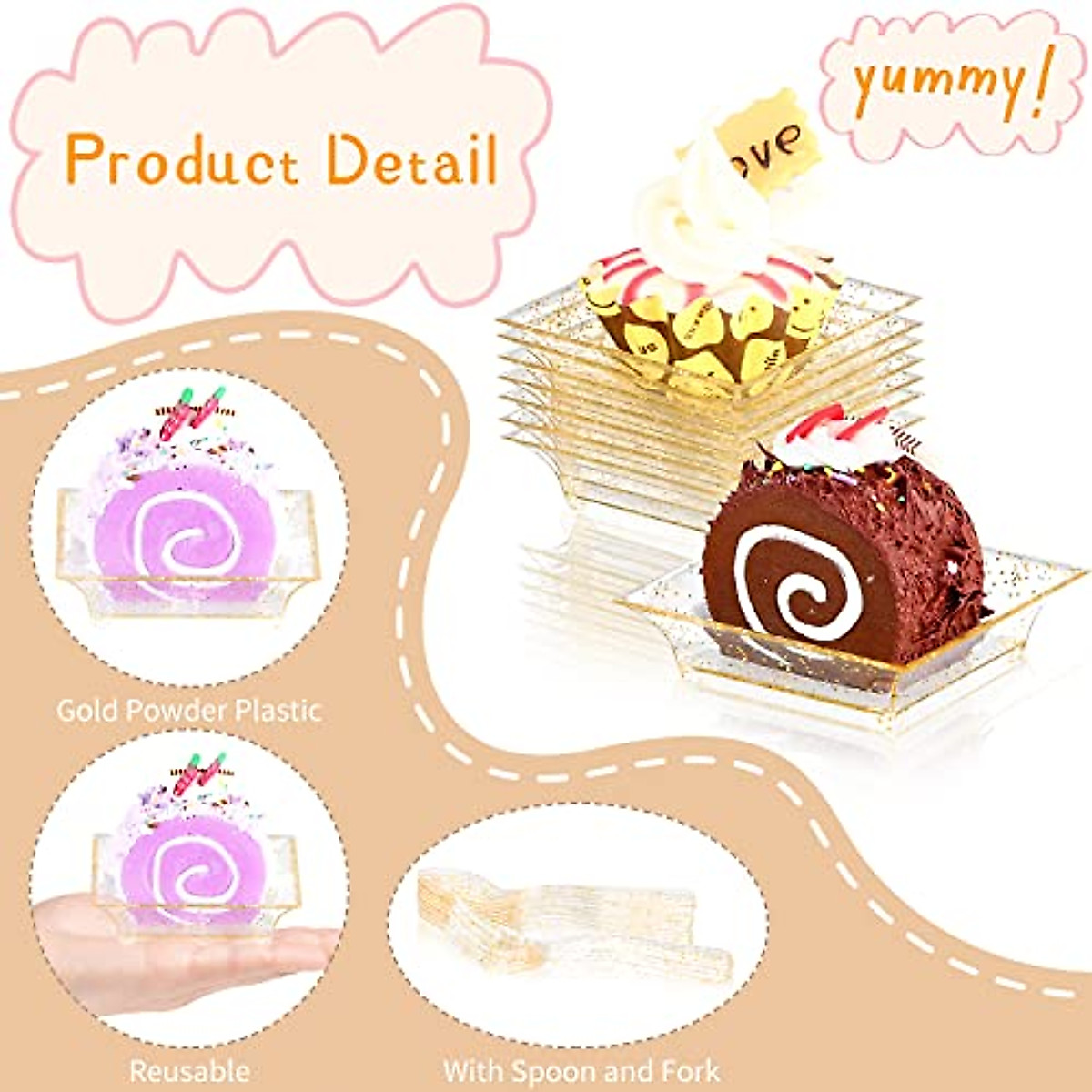 XUWAIDSGN 50 Pieces Mini Gold dessert plates 2.4 inch disposable Small Appetizer Plates with Forks Spoons Set Gold Glitter Plastic Square Tasting Sample Plates Party Mini Serving Tray for Appetizers