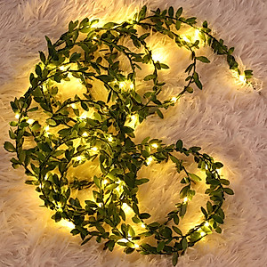 Mikasol Artificial Garland with Led Fairy Lights Battery Operated, 1 Pack Leaf Lights, Vine Hanging Lights for Bedroom, Christmas, Parties, Wedding, Centerpiece, Decoration (5m/16ft Warm White)