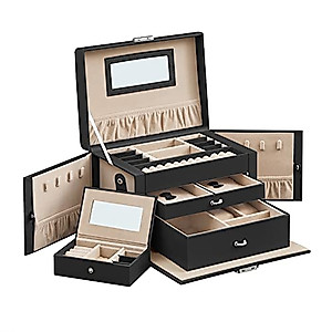 SONGMICS Jewelry Box 3 Layers, Jewelry Organizer with 2 Drawers, Jewelry Case with Portable Travel Case, with Handle, Lockable, Jewelry Storage, Gift for Loved ones, Black UJBC121B