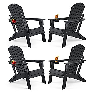 FUNBERRY Folding Adirondack Chair Set of 4, Fire Pit Chairs, Plastic Adirondack Chairs Weather Resistant with Cup Holder, Composite Adirondack Chairs