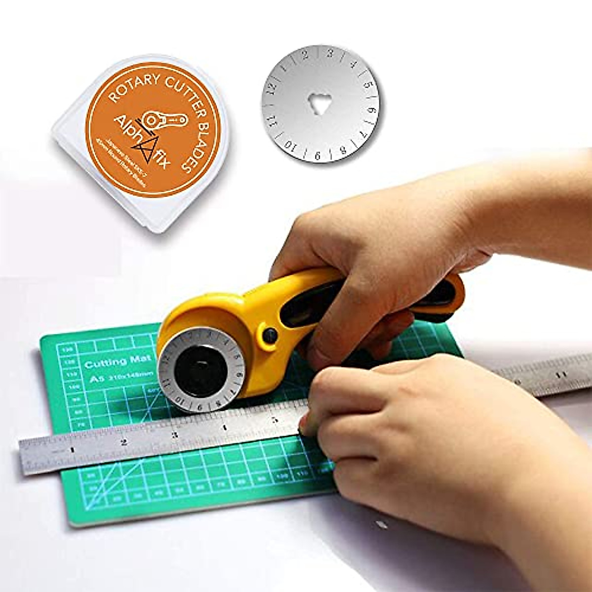 Rotary Cutter Blades 45mm 10 Pack By Alphafix Compatible with notched hole 45mm rotary cutters, easy replaceable sharp SKS-7 Steel blades Ideal for Quilting Fabric Scrapbooking Sewing and Arts & Craft
