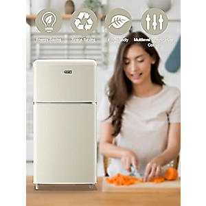 WANAI Compact Refrigerator 3.2 Cu.Ft Retro Cream Fridge With Freezer 2 Door Mini Refrigerator with 7 TEMP Modes, Removable Shelves, LED Lights, Ideal for Apartment Dorm and Office, Cream