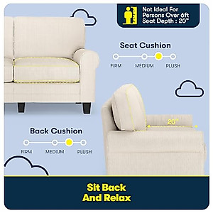 Serta Copenhagen 61" Rolled Arm Sofa, Easy Care Polyester, Soft Pillow Back, Pocket Coil Seat Cushions, Removable Covers, Loveseat or Couch for Small Spaces, Living Rooms or Bedrooms, Buckwheat Beige