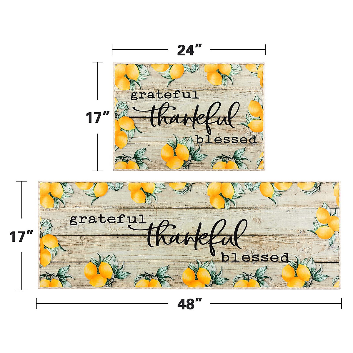 Asrug 2 Pieces Kitchen Rug Set Non-Slip Backing Mat Natural Design Throw Rug for Kitchen Doormat Runner Rug Set, Lemon Design, 17"x48"+17"x24"