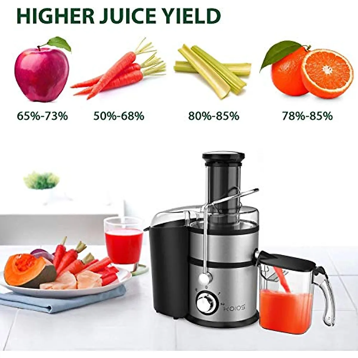 KOIOS Centrifugal Juicer Machines, Juice Extractor with Extra Large 3inch Feed Chute, 304 Stainless Steel Filter, High Juice Yield for Fruits and Vegetables, Easy to Clean, 100% BPA-Free, 1200W Powerful, Dishwasher Safe, Included Brush