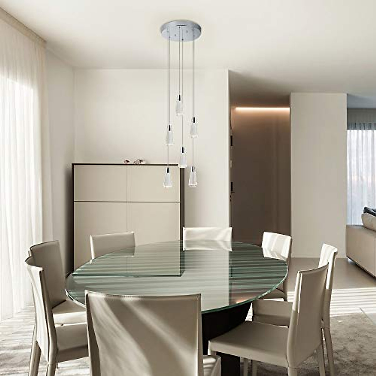 Globe Electric 69989 Harland 30W LED Integrated 6-Light Chandelier, Chrome, Clear Glass Shades, Dimmable, 1500 Lumens, 3000 Kelvin (Warm White), 80 CRI