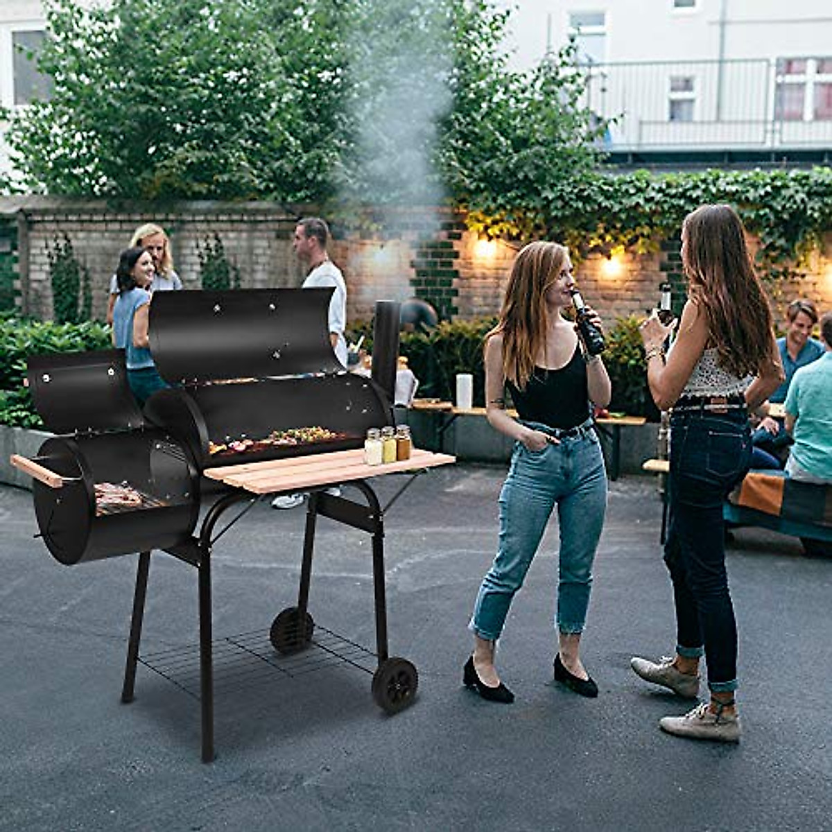 LDQS BBQ Charcoal Grill with Side Fire Box and Offset Smoker, Outdoor Picnic Barbecue Grill, Heat Control, Camping, Patio Backyard Cooking