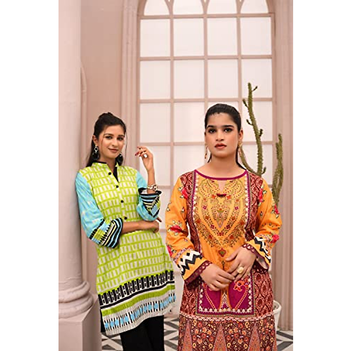 IshDeena Indian Kurtis for Women Indian Style Kurta Tops Pakistani Kurtis for Women Pure Cotton Digital Printed Long Shirts (Large/Mustard & Purple)