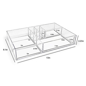 Isaac Jacobs 8-Compartment Clear Acrylic Drawer Organizer (13" L x 8.1" W x 2.3" H), Multi-Sectional Tray & Storage Solution for Makeup, School & Office Supplies, Bathroom, Kitchen