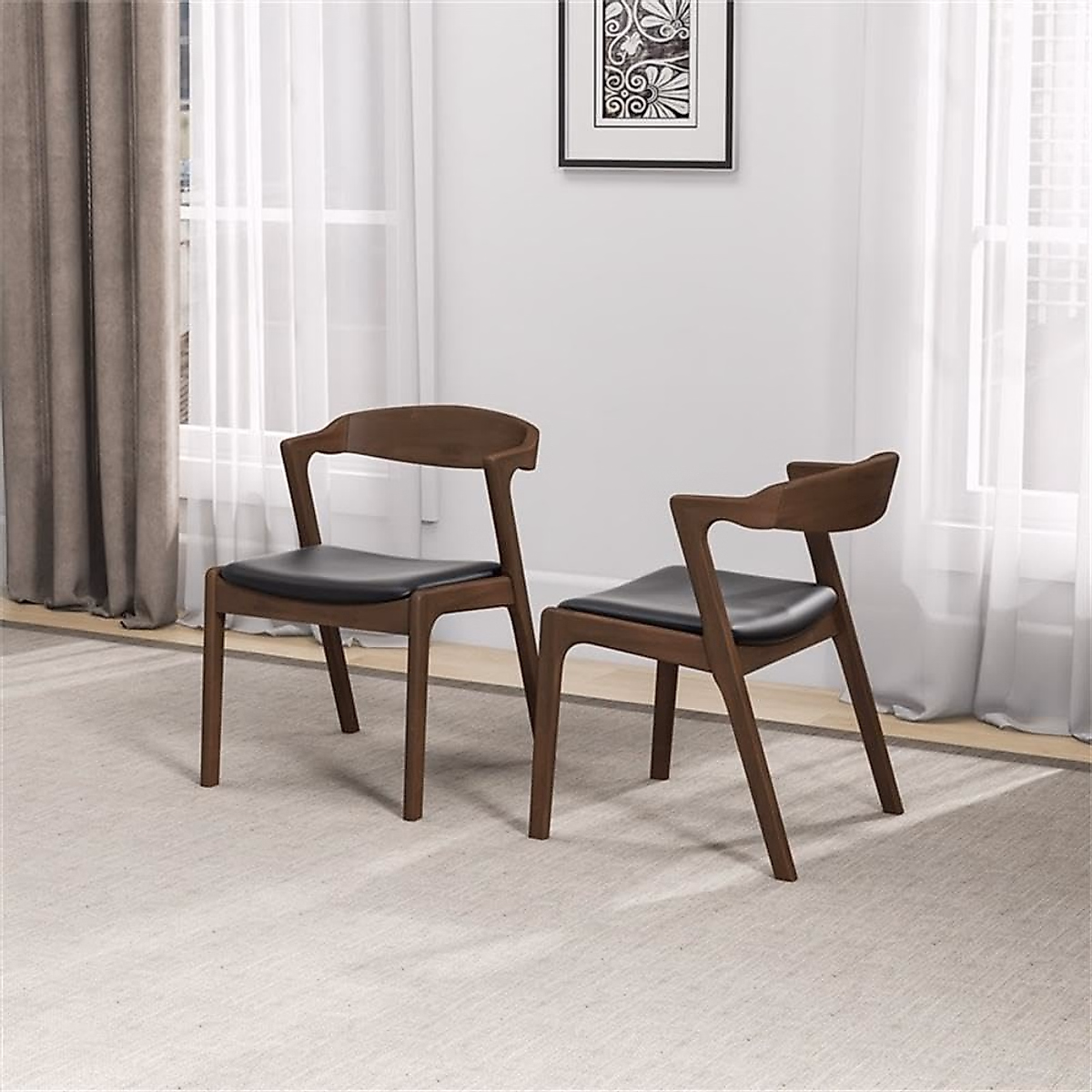 ASHCROFT Mid Century Roxy PU Black Leather Wood Dining Chair, Modern Upholstered Leather Chairs for Kitchen Dining Room (Set of 2)