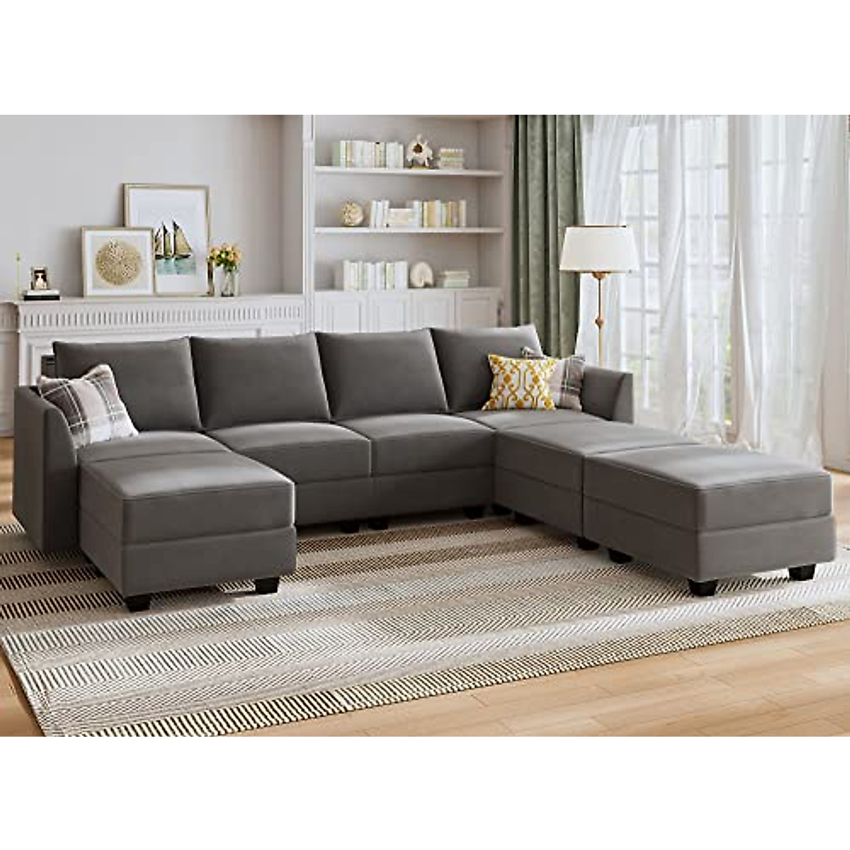 HONBAY Modular Sectional Sofa Velvet U Shaped Couch with Ottomans Convertible Sectional Couch 7 Seater Sofa with Storage Seat, Grey