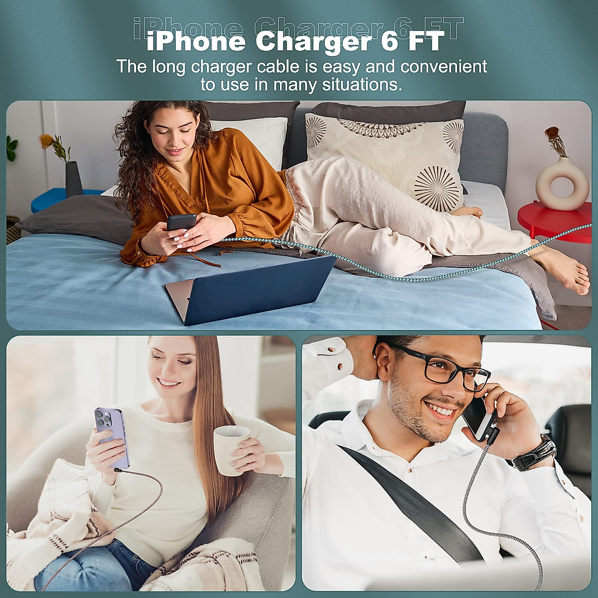 3 Pack iPhone Charger 6FT [Apple MFi Certified] Right Angle Lightning Cable Fast Charging Cord, Car Cable for iPhone 14 13 12 11 Pro/Pro Max/Mini/XS/XR/8 7 Plus, iPad, CarPlay