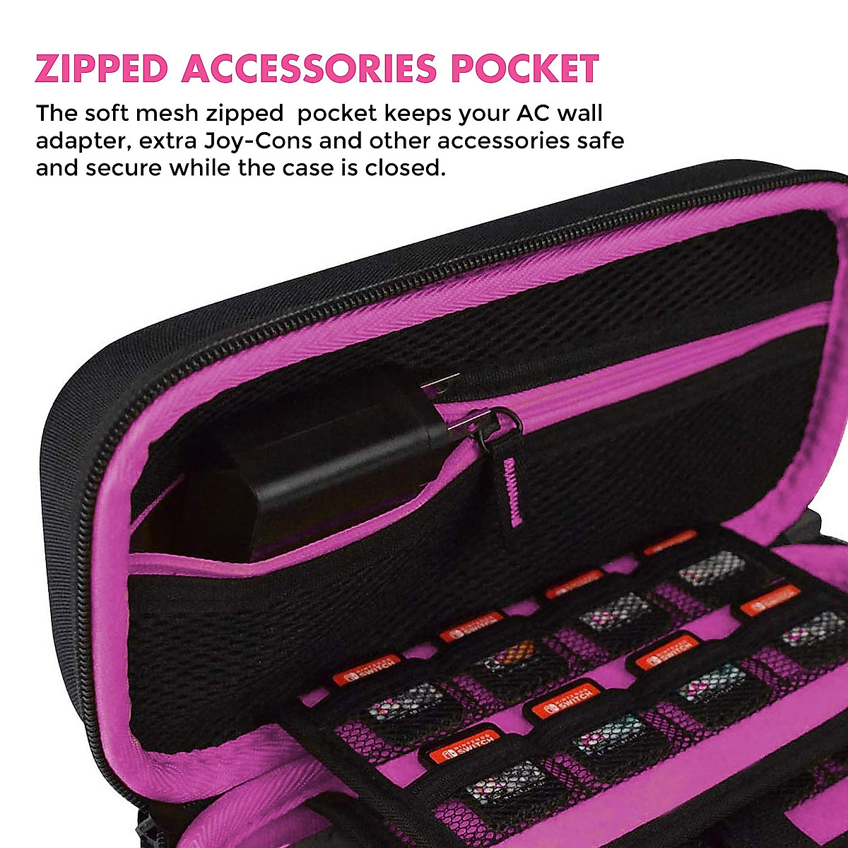 TakeCase Carrying Case Compatible with Nintendo Switch Lite - Includes Pouch That Fits Adapter/Charger, Accessories, and 16 Games Storage - Perfect for Travel - Pink/Black