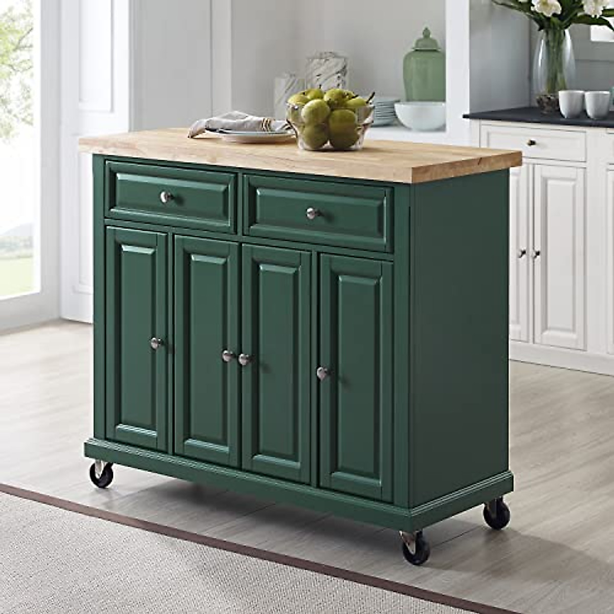 Crosley Furniture Madison Madison Rolling Kitchen Island Cart, Microwave Stand, Coffee Bar, with Shelves and Drawers, Emerald Green