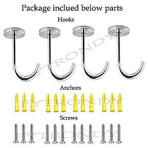 FYTRONDY Stainless Steel Screws Mount Large arc Ceiling Hooks, Coat Hanger, Plant Hanger (4-1/2 INCH , 4 Pack)