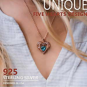 GEMMANCE 5 Heart Crystal Pendant Necklace - 925 Sterling Silver Chain - 18K Rose Gold Plated - Aqua Blue - 18”+2” Birthstone Jewelry for Women - Gifts for Birthday, Christmas