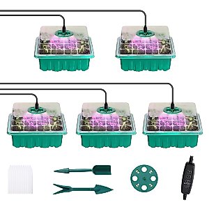TVTUTPWY Seed Starter Tray with Grow Light, 5 Pack Plant Germination Kit with Timer Setting & 5 Dimmable Levels, Humidity Adjustable Greenhouse Trays with Domes for Seeds Growing Starting
