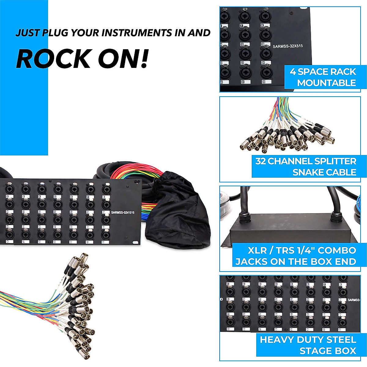 Seismic Audio Speakers Rack Mount 32 Channel XLR TRS Combo Splitter Snake Cable, 5’ And 15’ XLR Trunks, 32 Channel Splitter