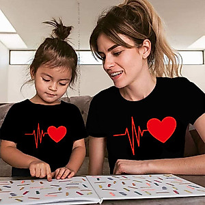 Heartbeat Love Funny Mom Son Daughter Matching T-Shirts Mother & Daughter Matching Set Mom & Baby Shirts Black