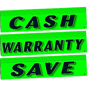 Versa Tags Windshield Slogan Stickers 12 Pack of Cash Stickers 12 Pack of Warranty Slogans 12 Pack of Save Window Stickers (36) Dealership Stickers Black On Green