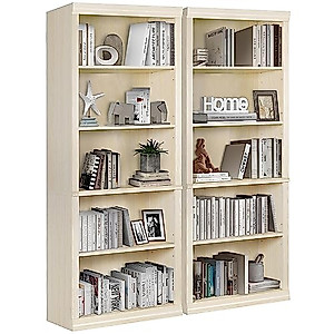 LYNSLIM Wooden Bookcase, 5-Shelf Free Standing Bookcase for Home Office Living Room Open Display Organizer Storage Bookshelf, Oak Finish Decor Furniture (2 PCS Antique White)