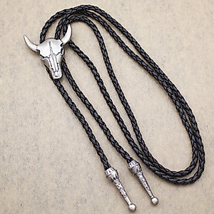Vintage Silver Tone Q&Q Fashion Western Texas Longhorn Buffalo Steer Cow Skull Leather Rodeo Bolo Tie Necktie
