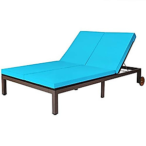 Blue 2 Person PE Rattan Outdoor Chaise Lounge Lounger Recliner Chair Sunbathing Bed Soft Non-Woven Thick Sponge Cushion 2 Separate 5 Adjustable Backrest Position Perfect For Patio Beach Poolside Using