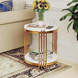 Aklaus Round End Table,Round Side Table with White Faux Marble Top,Bed Side Table/NightStand with Storage Shelves,Gold Side Table End Table Indoor for Living Room Bedroom Balcony SofaCouch Hall