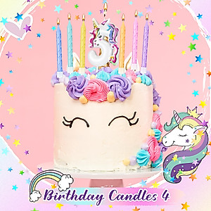 Threlaco Unicorn Birthday Number Candle Macaron Unicorn Cake Topper Decoration with 12 Pcs Rainbow Spiral Birthday Candles with Holders for Baby Girl Boy Birthday Unicorn Theme Party(Number 5)