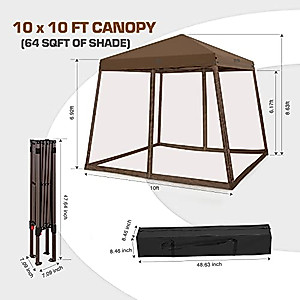 EAGLE PEAK 10x10 Slant Leg Easy Setup Pop Up Canopy Tent with Mosquito Netting 64 sqft of Shade, Brown