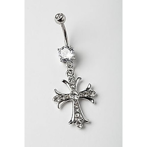 Pierced Owl 14G 316L Surgical Steel Celtic Cross with Paved Gems Dangling Belly Button Ring (Silver Tone)