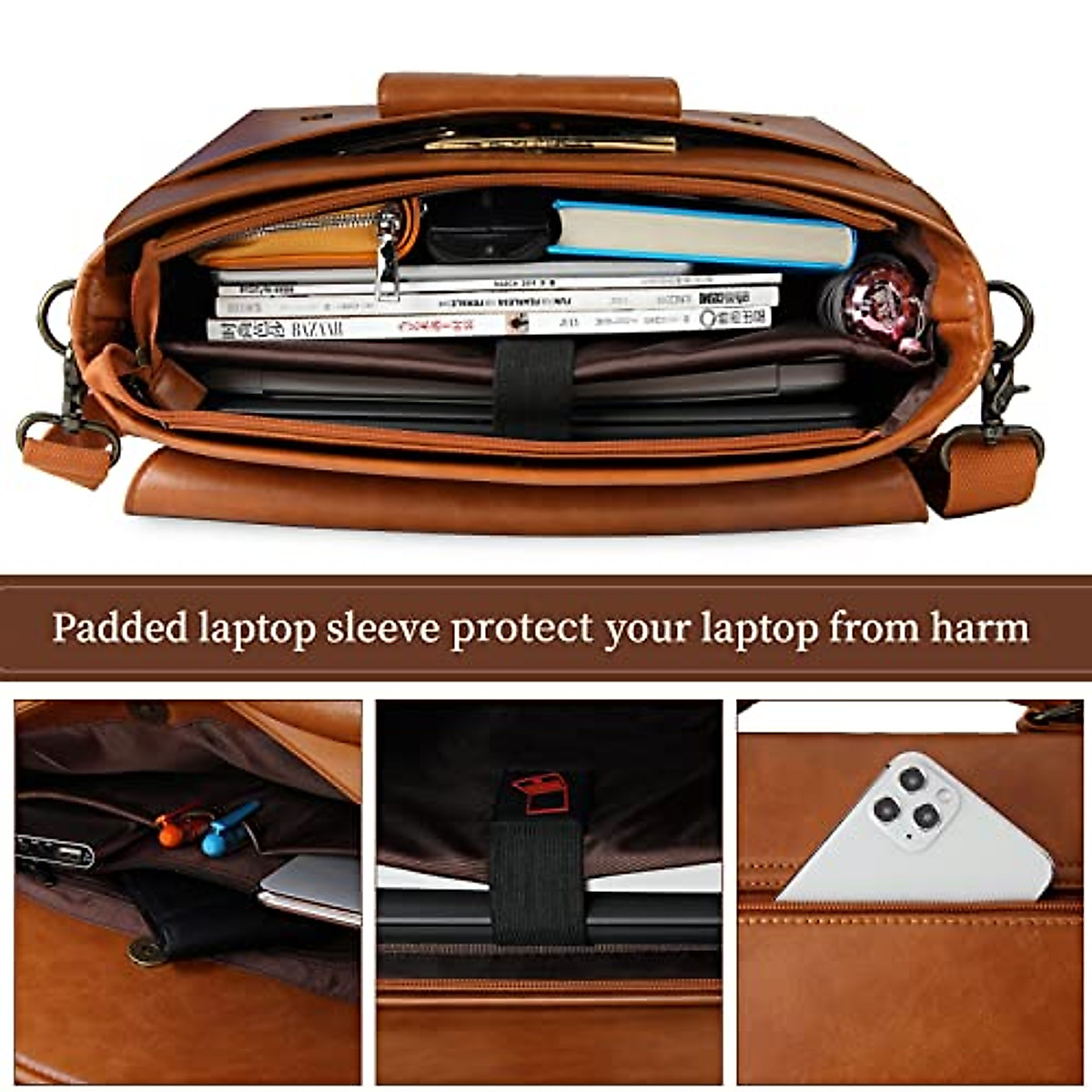 Leather Messenger Bag for Men 15.6 Inch Waterproof Vintage Leather Laptop Briefcase Large Satchel Shoulder Bag Office Travel College Computer Laptop Bag, Brown