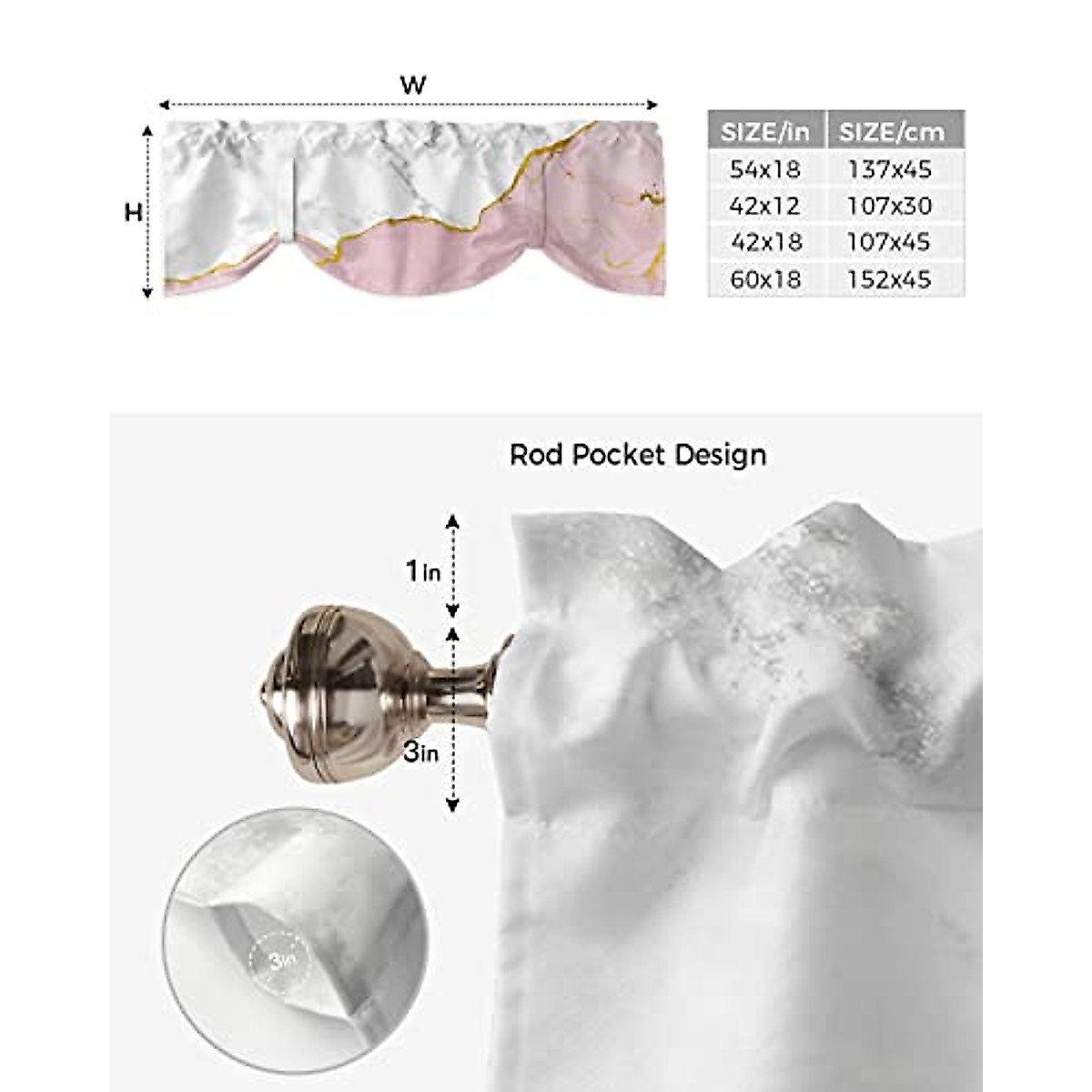 FAMILYDECOR Kitchen Valances for Windows, Elegant Adjustable Window Treatments with Tie-up, White Gold and Pink Plated Marble Window Valance Curtains for Living Room/Bedroom 60x18in