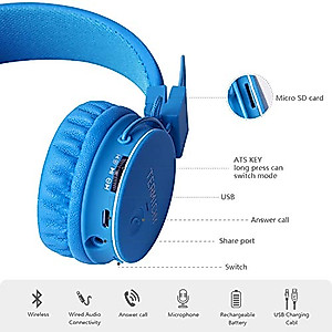 Kids Bluetooth Headphones Foldable Volume Limiting Wireless/Wired Stereo On Ear HD Headset with SD Card FM Radio in-line Volume Control Microphone for Children Adults (Blue)