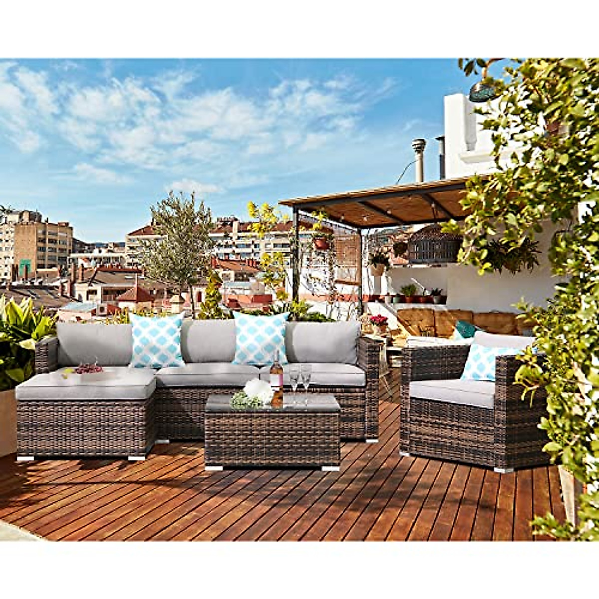 HOMPUS 6 Pieces Outdoor Furniture Set, All-Weather Patio Conversation Set Brown Handwoven Wicker w/Washable Gray Cushions, Glass Coffee Table, Modular Sectional Sofa Set for Backyard Garden Deck Pool