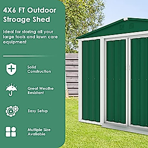 Crownland Backyard Garden Storage Shed 4 x 6 Feet Tool House with Sliding Door Outdoor Lawn Steel Roof Style Sheds, Green