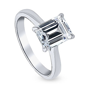 BERRICLE Sterling Silver Solitaire Wedding Engagement Rings 2.6 Carat Emerald Cut Cubic Zirconia CZ Promise Ring for Women, Rhodium Plated Size 7