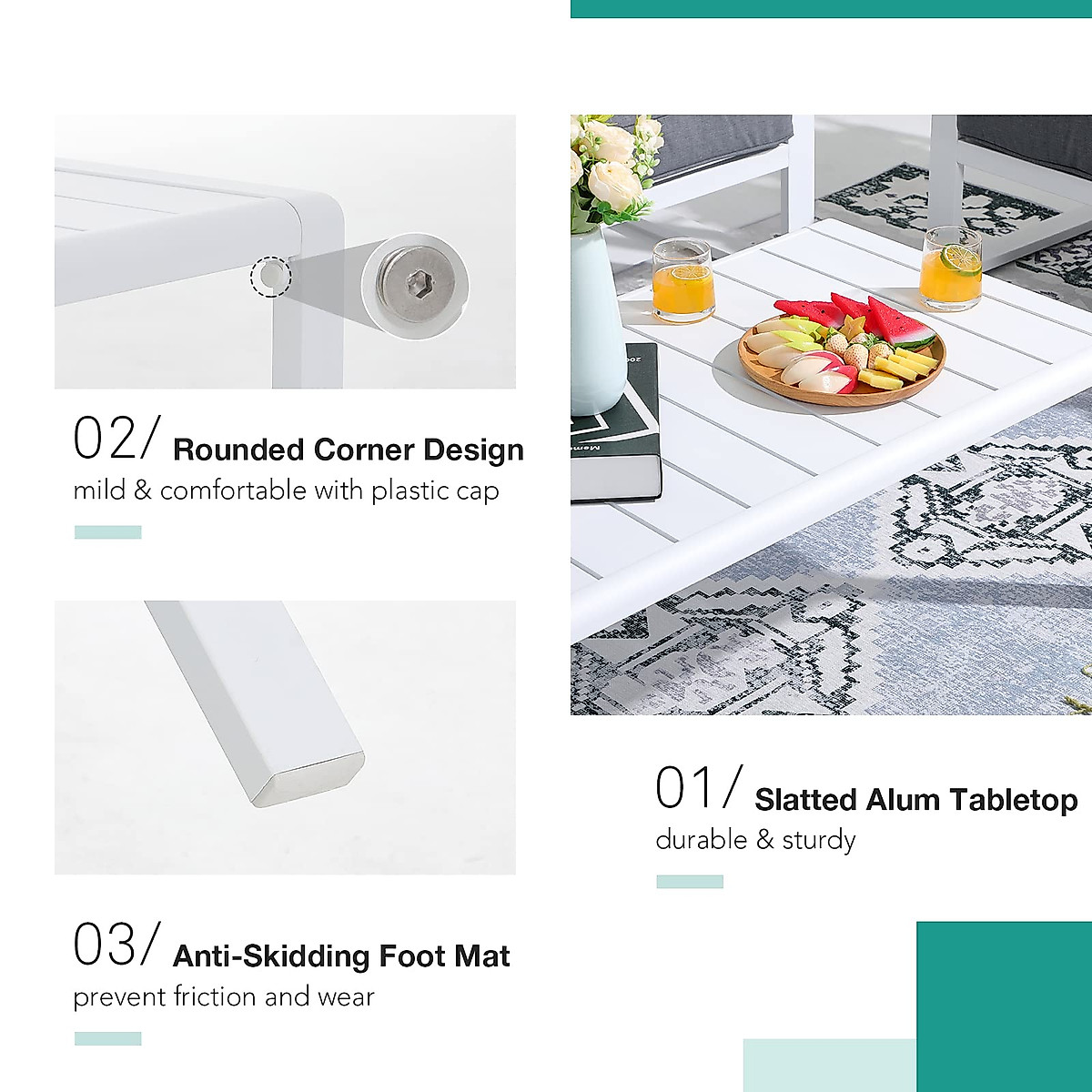 Patiorama Aluminum Patio Furniture Set, 5 PCS Modern Patio Conversation Set, All Weather White Outdoor Sectional Sofa Set w/Coffee Table, Patio Seating Set, Olefin Cushion, Garden-Grey Cushion