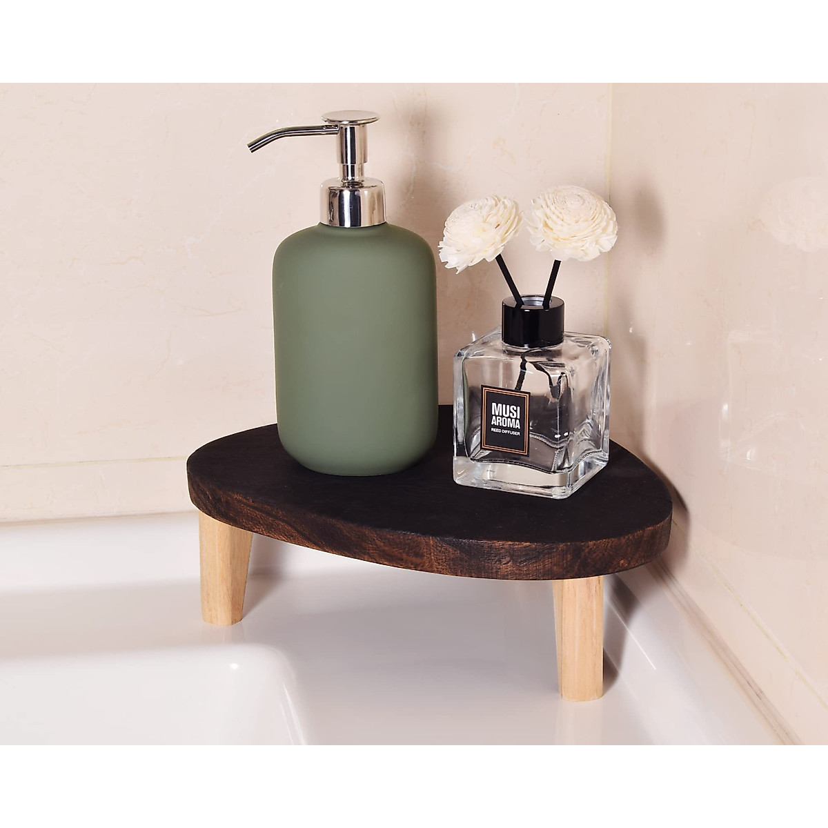 RiLiKar Wooden Risers for Display Decorative Coffee Bar Table Tray Bathroom Countertop Organizer Farmhouse Corner Soap Stand Rustic Wood Pedestal Stand Soap Dispenser Tray - Black