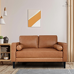 Naomi Home Marisa Genuine Mid-Century Leather Loveseat, Mid-Century Sleeper Loveseat, Tan Leather Couch,for Living Room, Bedroom, and More