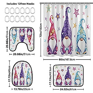4PCS Magic Gnomes with Stars Shower Curtain Set with Non-Slip Rugs, Toilet Lid Cover and Bath U-Shaped Mat, Bathroom Decor Set Accessories Waterproof Shower Curtain Sets with 12 Hooks